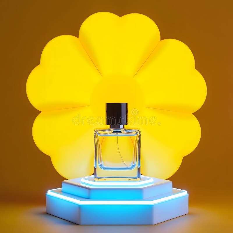 Illuminated Yellow Flower Backdrop with Neon Lights and Perfume Bottle ...
