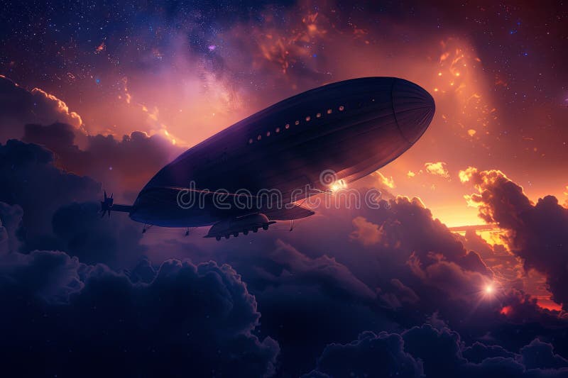 Illuminated Zeppelin Flying through Dramatic Sunset Clouds. Generative ...