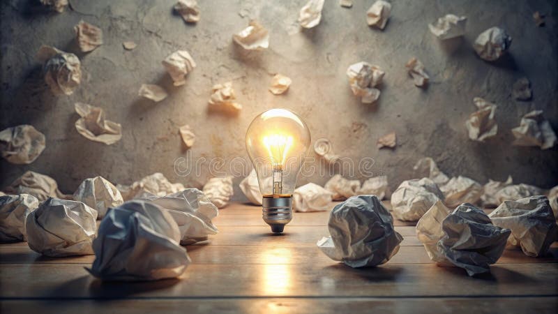 Illuminating Breakthrough a Glowing Lightbulb Amidst Crumpled Papers ...