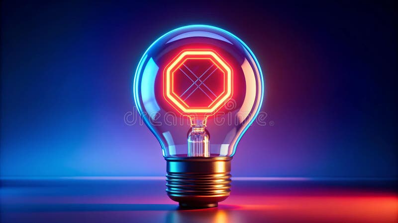 Illuminating Caution: a Stop Sign Inside a Vibrant Neon Light Bulb ...