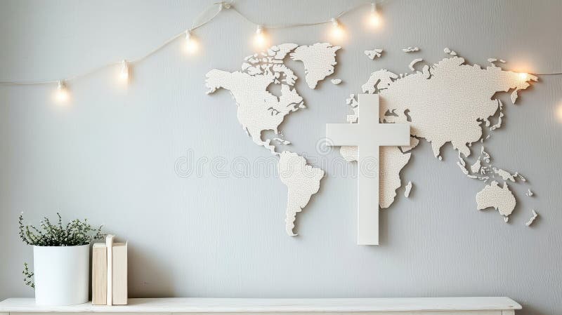 Illuminating Exploration, White Desk Setup with World Map, Lamp, and ...