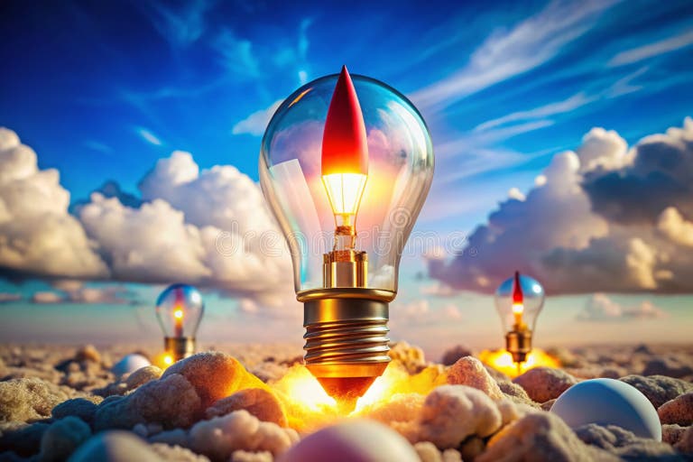 Illuminating Innovation a Flat Lay Celebrating Creative Rocket Launch with Lightbulb Inspiration ...