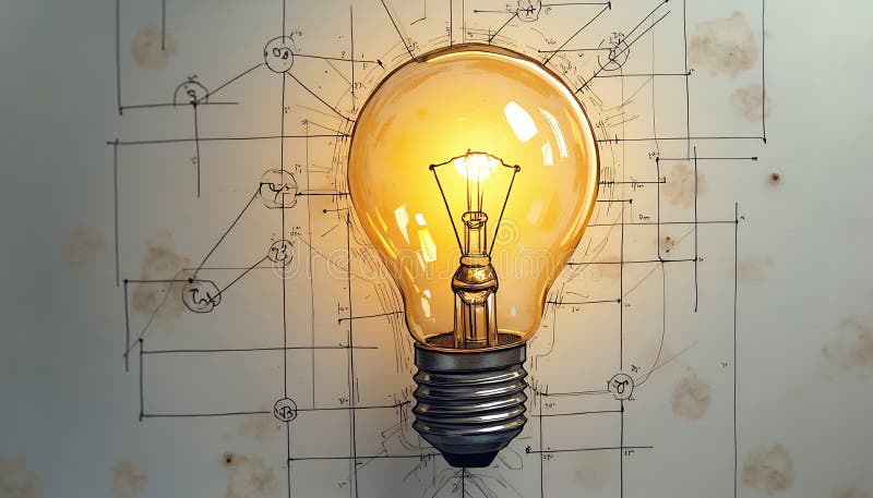 Illuminating Light Bulb Against Blueprint Background Representing ...
