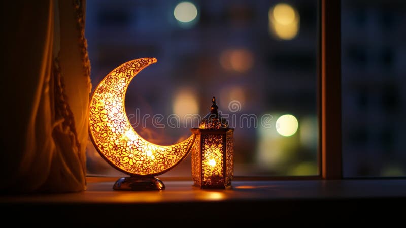 Illuminating Ramadan a Crescent Moon Lantern Adorning a Window Sill ...
