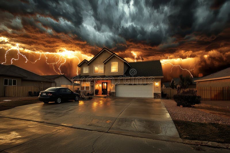 An Illumination of the Sky Over a Suburban Home Caused by a Lightning ...