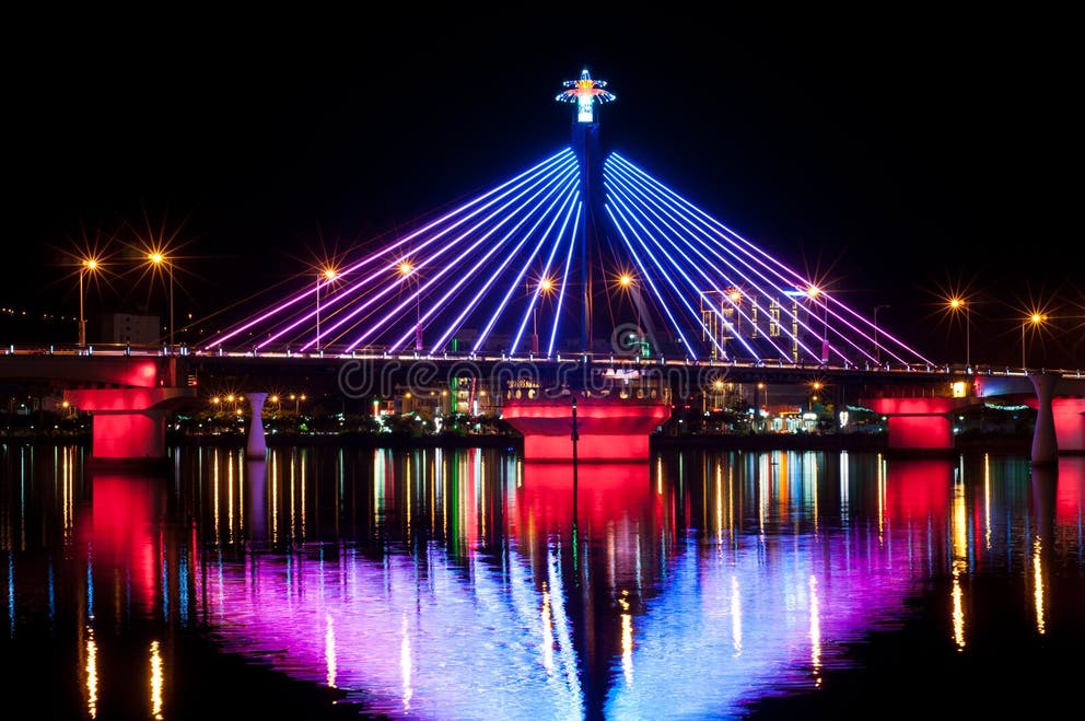 Illumination at Song Han Bridge Stock Photo - Image of city, cable ...