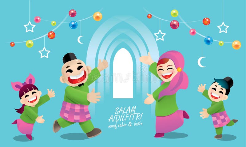 A Muslim Family Celebrating Raya Festival. with Raya Elements and ...