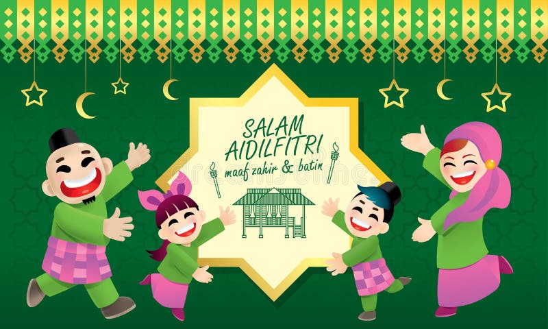 A Muslim Family Celebrating Raya Festival. with Raya Elements and ...