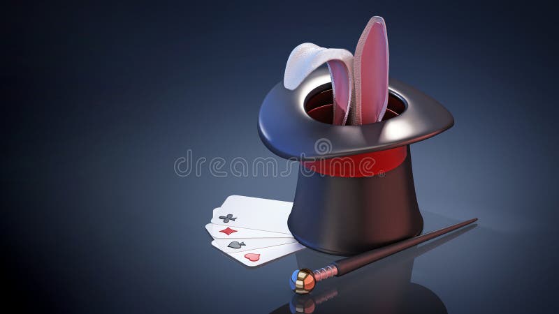 Illusionist Hat, Stick, Playing Cards and Rabbit Ears on Black ...