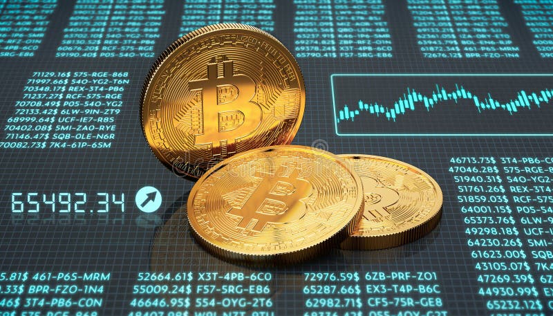 Illustation of Three Golden Physical Bitcoin Coins, Transactions and a ...