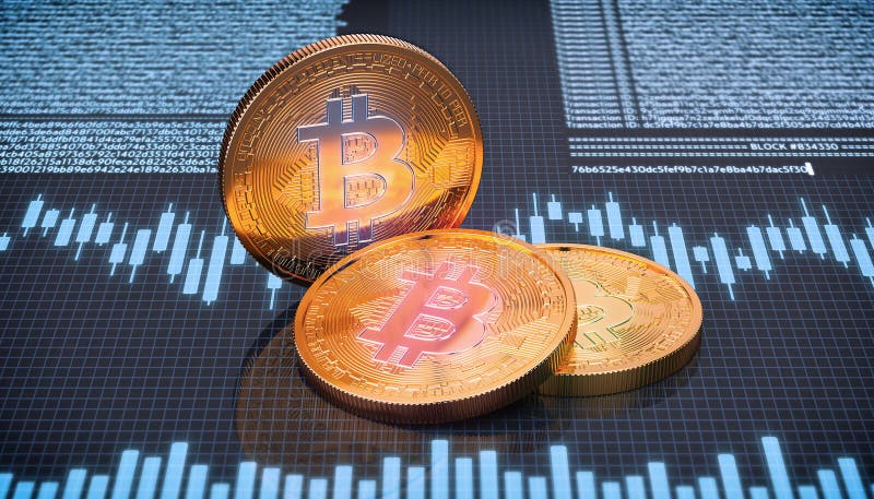 Illustation of Three Golden Physical Bitcoin Coins, Transactions and a ...