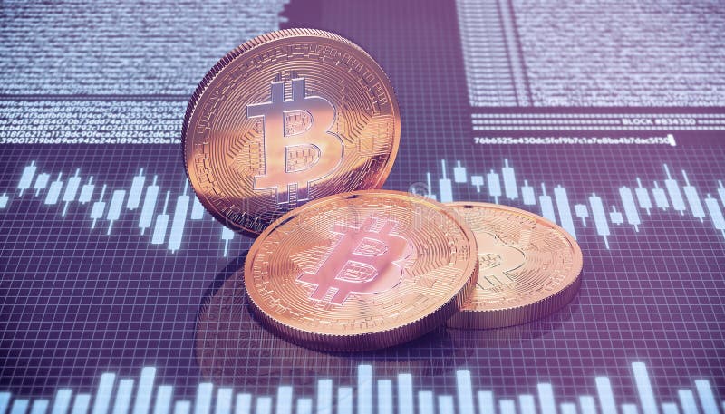 Illustation of Three Golden Physical Bitcoin Coins, Transactions and a ...