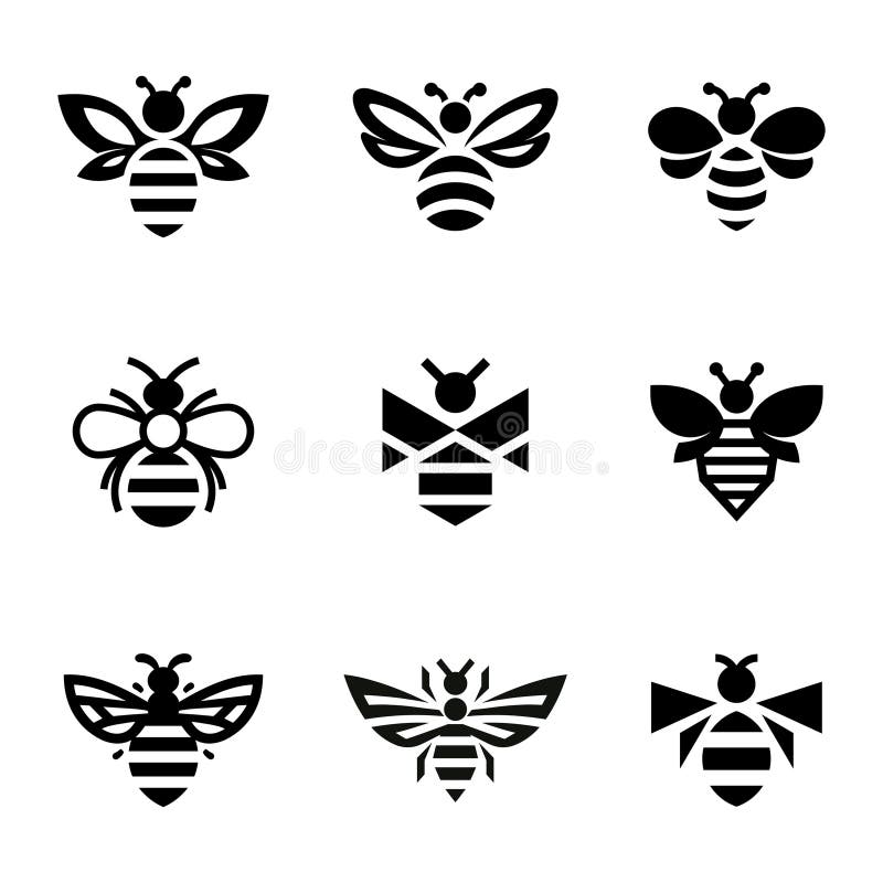 Illustraition of Cute Flat Bee Icons Set, Black White Stock Vector ...