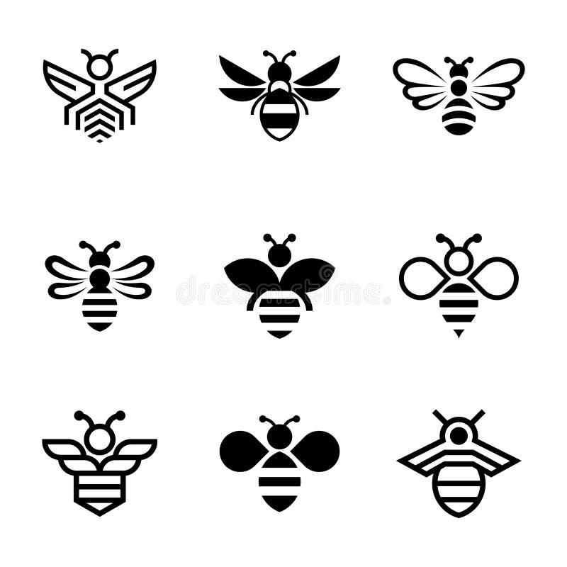Illustraition of Cute Flat Bee Icons Set, Black White Stock Vector ...