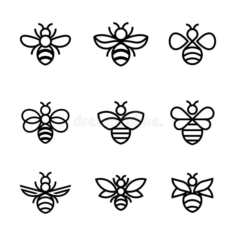 Illustraition of Cute Flat Bee Icons Set, Black White Stock Vector ...