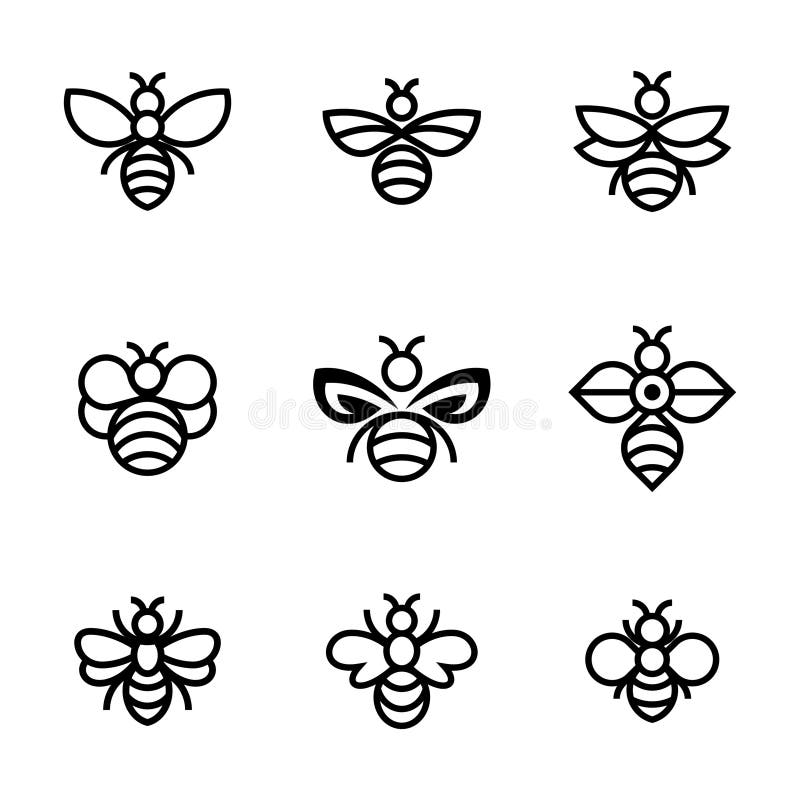 Illustraition of Cute Flat Bee Icons Set, Black White Stock Vector ...