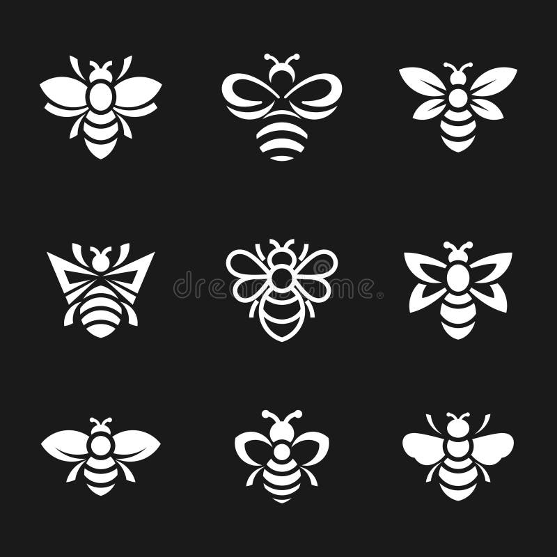 Illustraition of Cute Flat Bee Icons Set, Black White Stock Vector ...