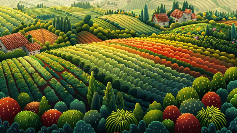 Illustrate an Abstract Aerial Perspective of a Whimsical Potato Patch ...