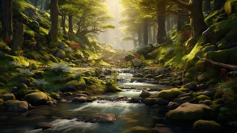 A Cascading Stream in a Mossy Glade Stock Illustration - Illustration of vacation, nature: 296278369