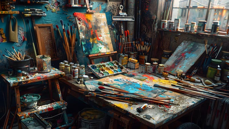 Illustrate a Cluttered Artists Workspace from a Dynamic Tilted ...