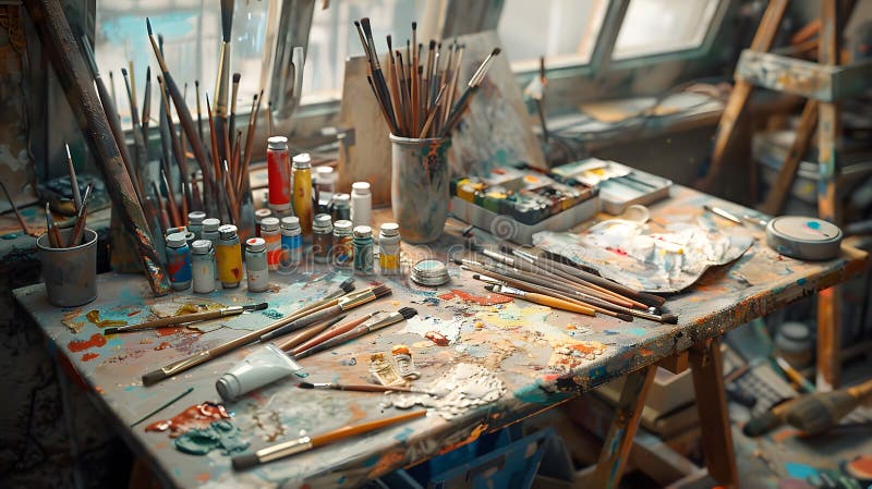 Illustrate a Cluttered Artists Workspace from a Dynamic Tilted ...