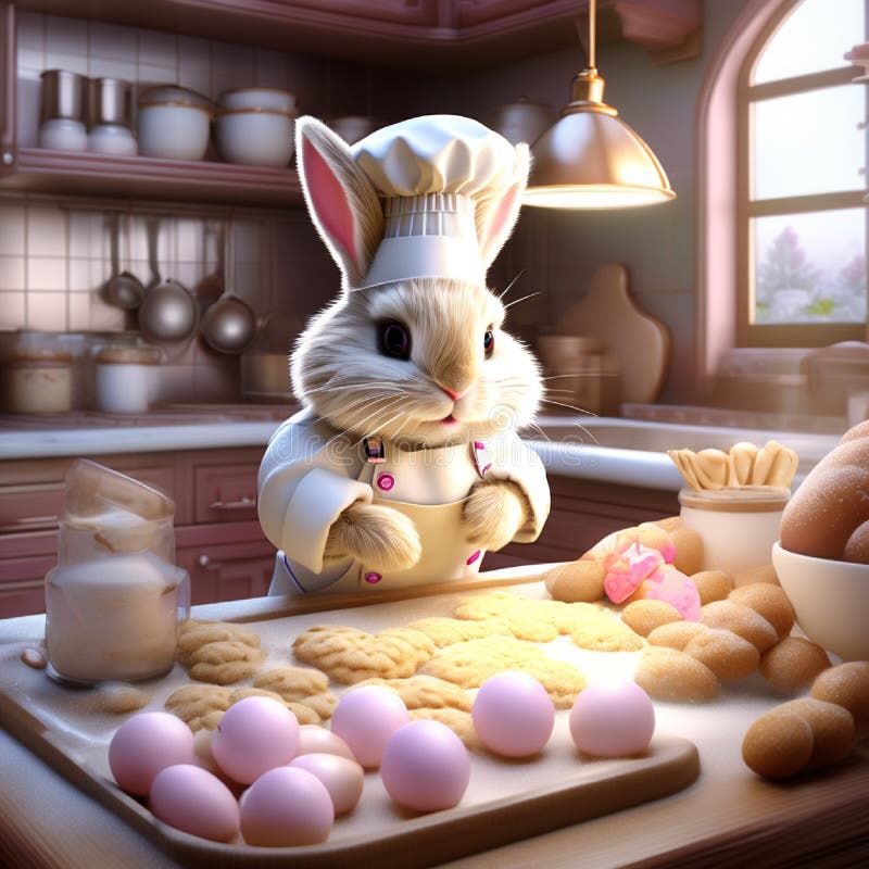 Illustrate a Cute Bunny in a Chef Hat Baking Easter Egg Shaped Cookies ...