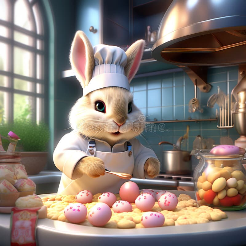 Illustrate a Cute Bunny in a Chef Hat Baking Easter Egg Shaped Cookies ...