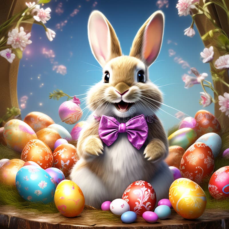 Illustrate a Cute Bunny in a Chef Hat Baking Easter Egg Shaped Cookies ...