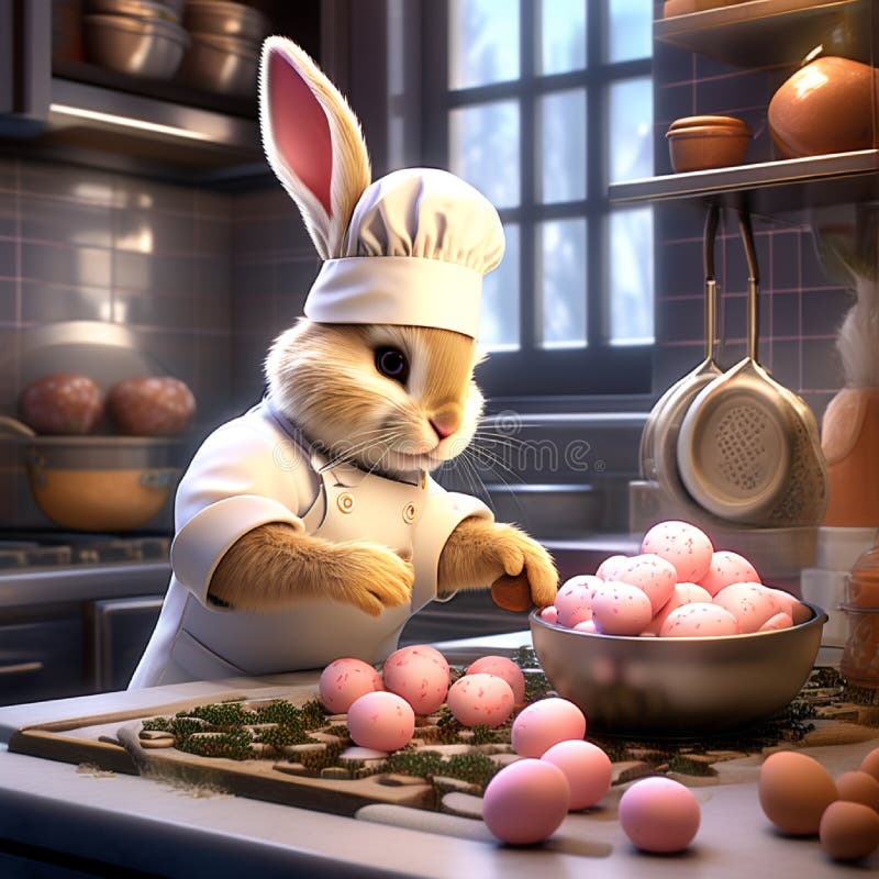 Illustrate a Cute Bunny in a Chef Hat Baking Easter Egg Shaped Cookies ...