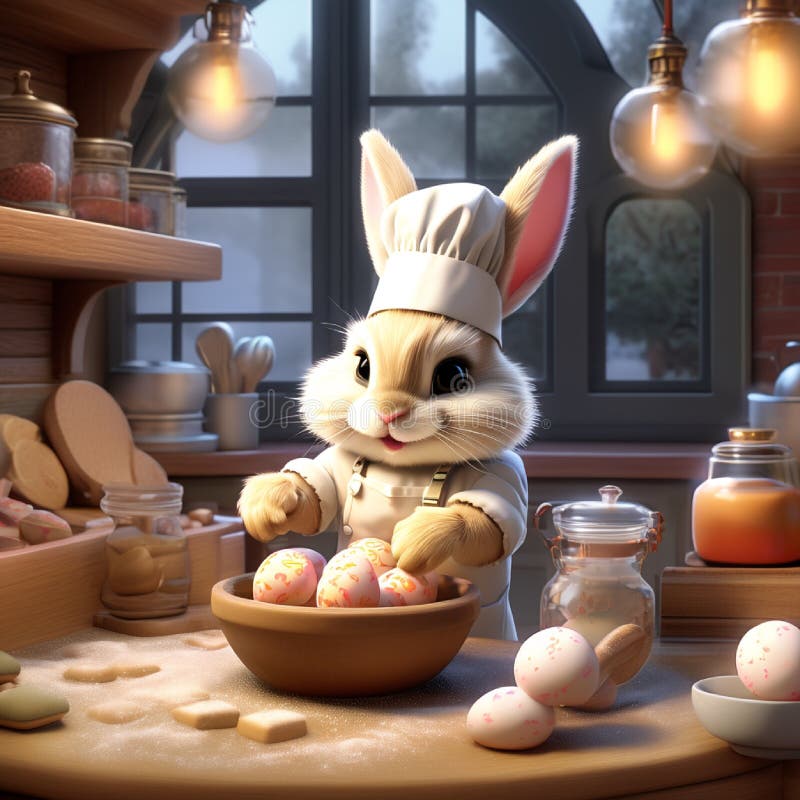 Illustrate a Cute Bunny in a Chef Hat Baking Easter Egg Shaped Cookies ...