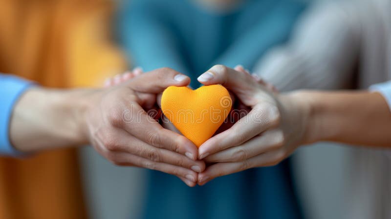 Several Hands Holding Small Orange Heart Together Against Blurred ...