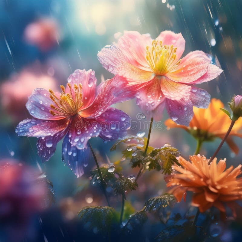 Illustrate Flowers in the Rain, with Raindrops Creating a Shimmering ...