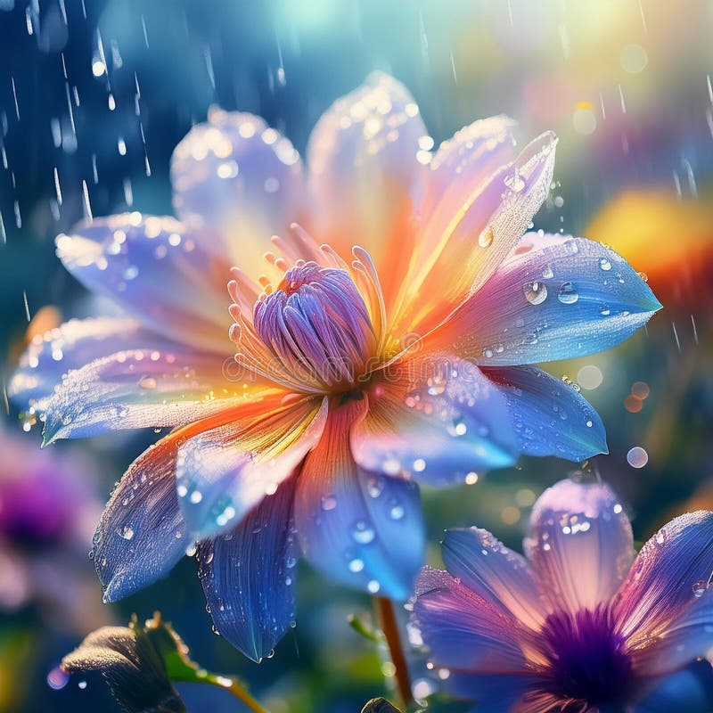 Illustrate Flowers in the Rain, with Raindrops Creating a Shimmering ...
