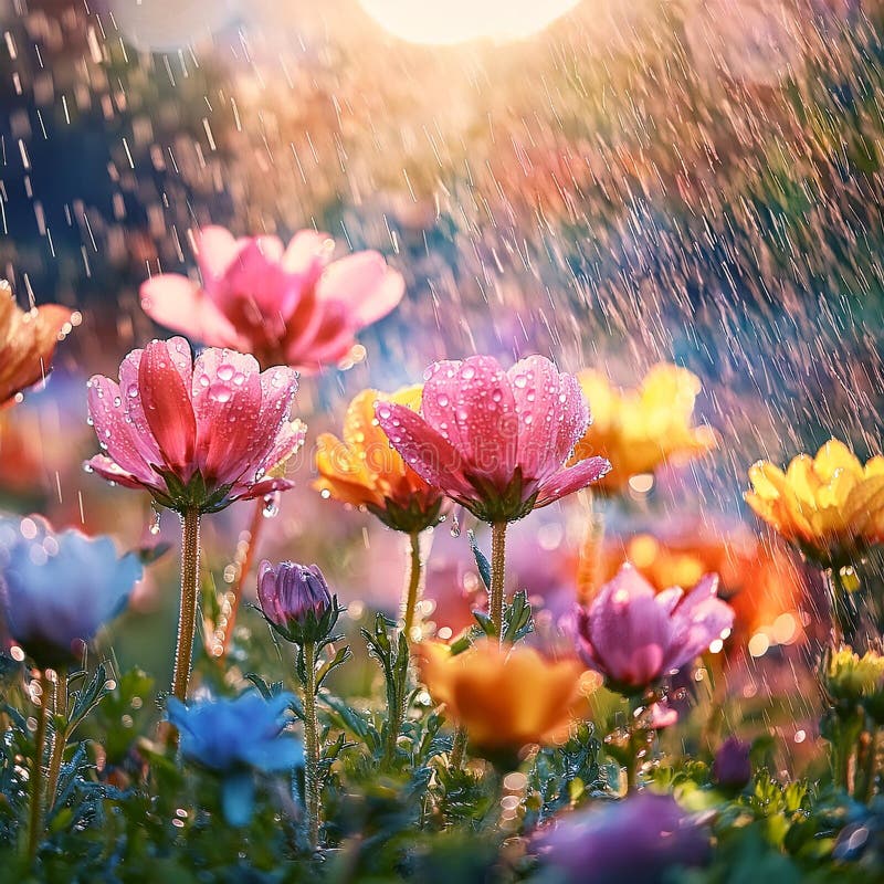Illustrate Flowers in the Rain, with Raindrops Creating a Shimmering ...
