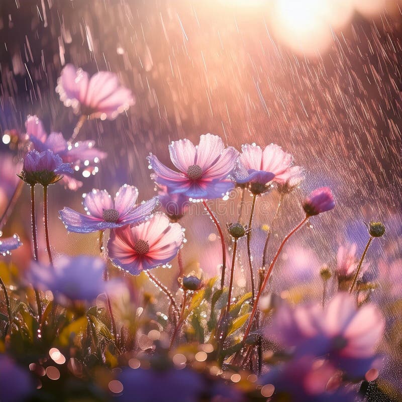 Illustrate Flowers in the Rain, with Raindrops Creating a Shimmering ...