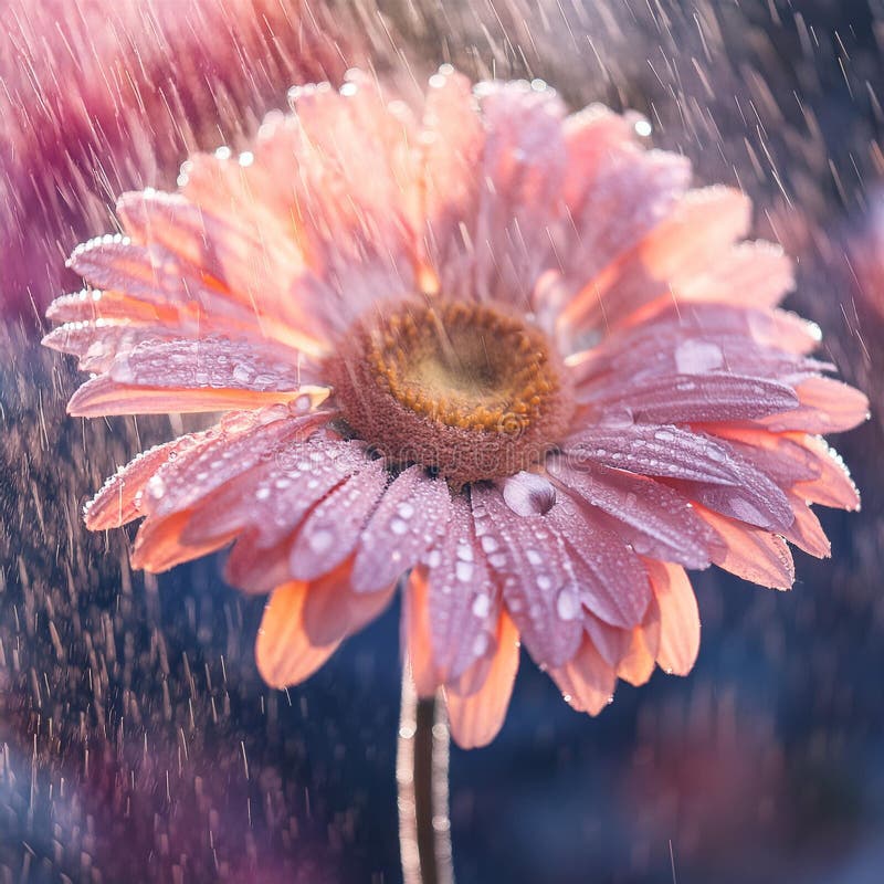 Illustrate Flowers in the Rain, with Raindrops Creating a Shimmering ...