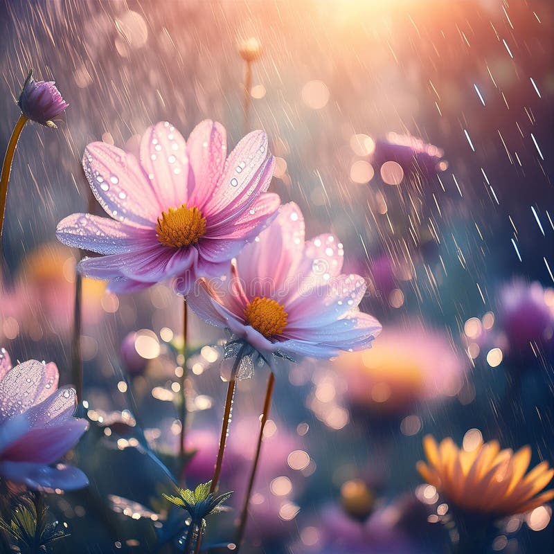 Illustrate Flowers in the Rain, with Raindrops Creating a Shimmering ...