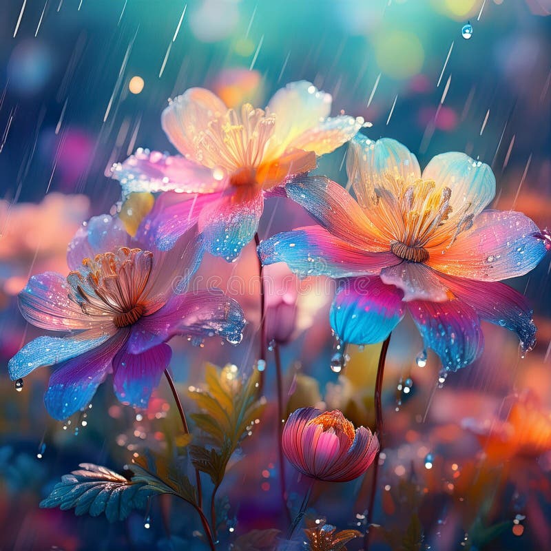 Illustrate Flowers in the Rain, with Raindrops Creating a Shimmering ...
