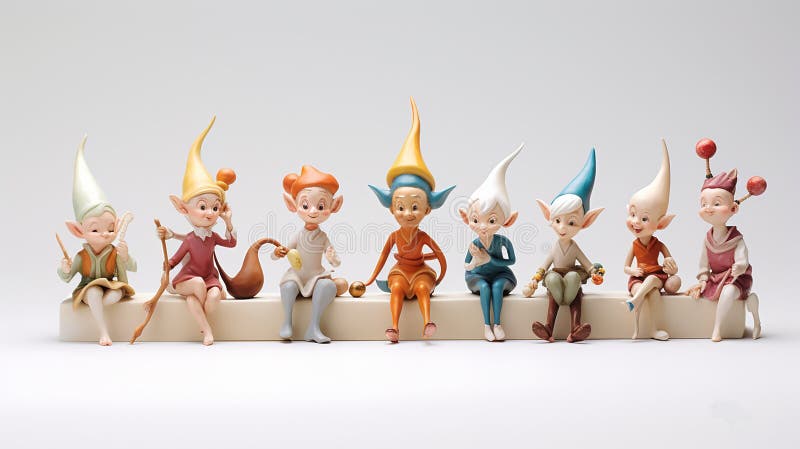 Illustrate a Group of Playful Elf Figurines in Various Poses on White ...