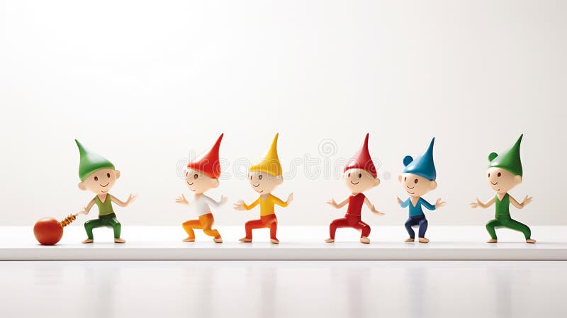 Illustrate a Group of Playful Elf Figurines in Various Poses on White ...