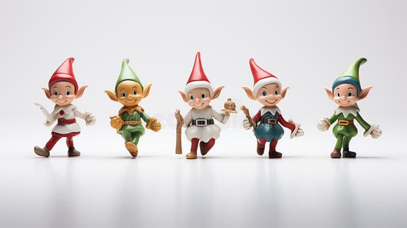 Illustrate a Group of Playful Elf Figurines in Various Poses on White ...