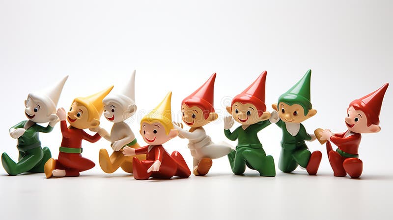 Illustrate a Group of Playful Elf Figurines in Various Poses on White ...