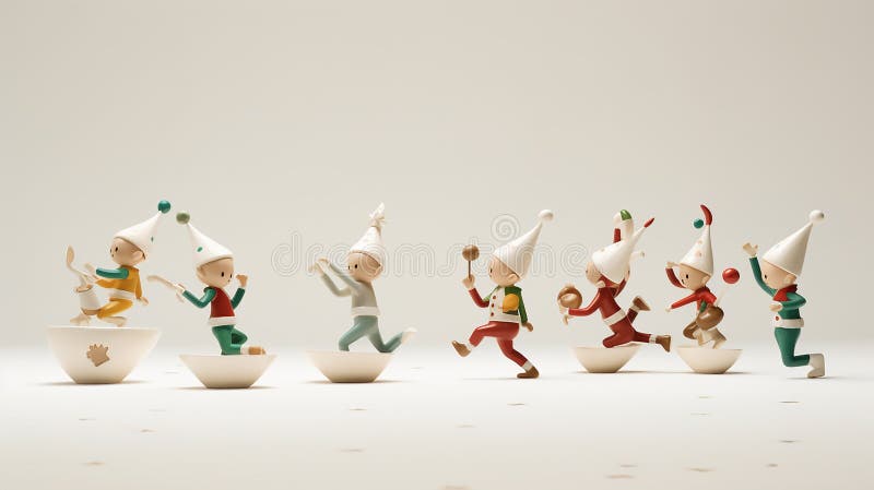 Illustrate a Group of Playful Elf Figurines in Various Poses on White ...