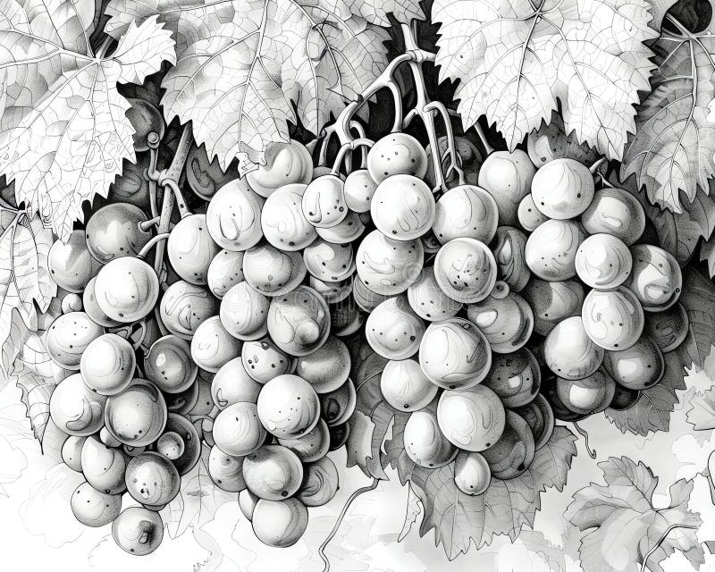 Illustrate a High-angle View of Grapes Using Pen and Ink, Focusing on ...
