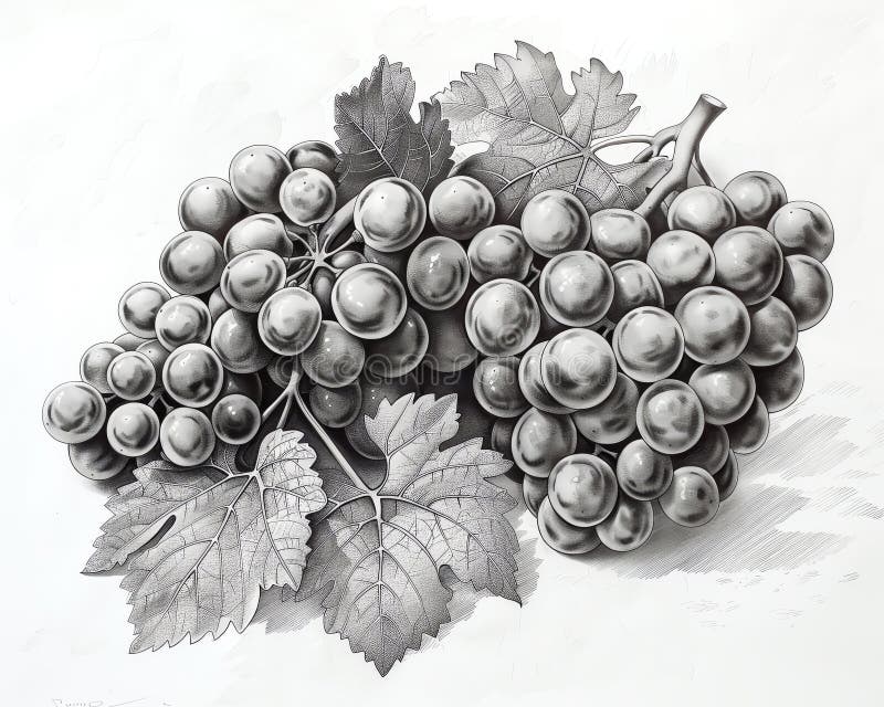 Illustrate a High-angle View of Grapes Using Pen and Ink, Focusing on ...