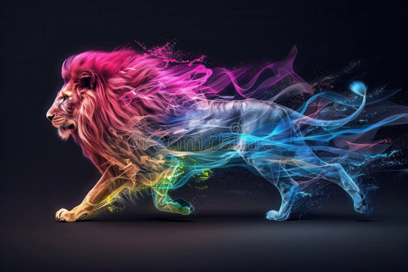 Illustrate a Side View of a Powerful Lion Leading a Pack Using Vibrant ...