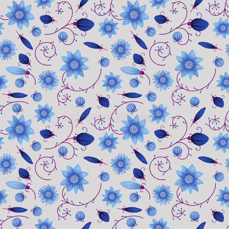 Illustrated Abstract Seamless Floral Background, Blue on Light B Stock ...