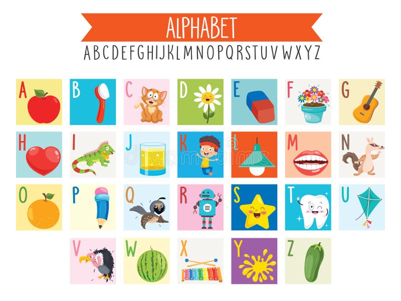 Illustrated Alphabet Letters and Cartoon Objects Stock Vector ...