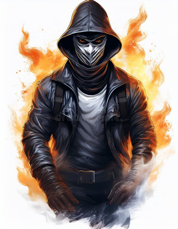 Illustrated Animated Assassin with Fire in the Background Stock ...
