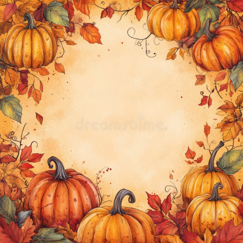 Illustrated Autumn Frame with Pumpkins and Colorful Leaves. Stock Image ...